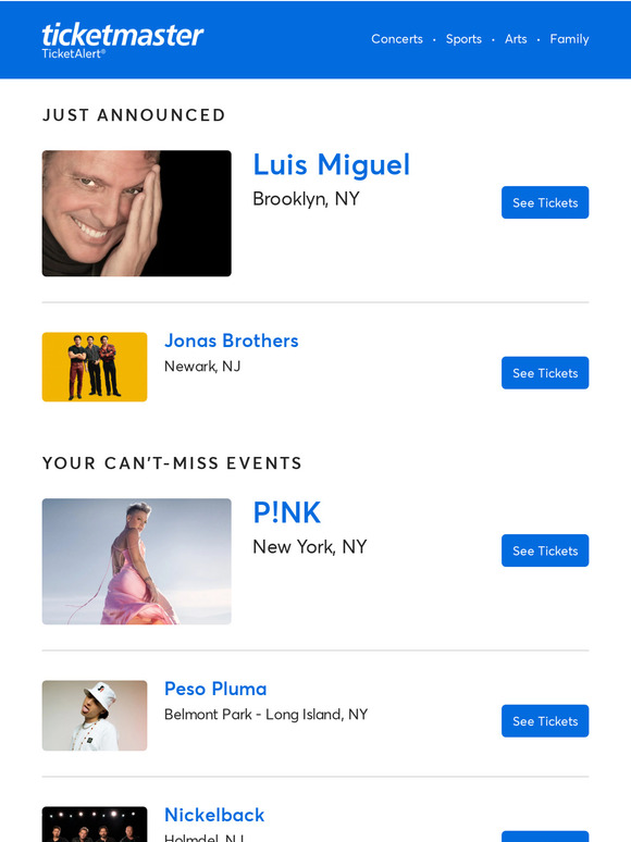 Ticketmaster: Jonas Brothers, Luis Miguel, P!NK & more near you! | Milled