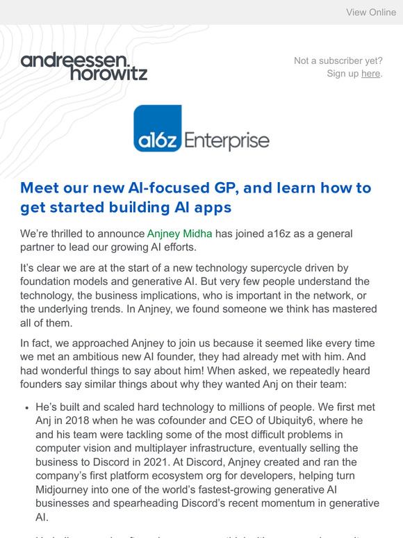Andreessen Horowitz: Meet our new AI-focused GP, and learn how to get started building AI apps ...