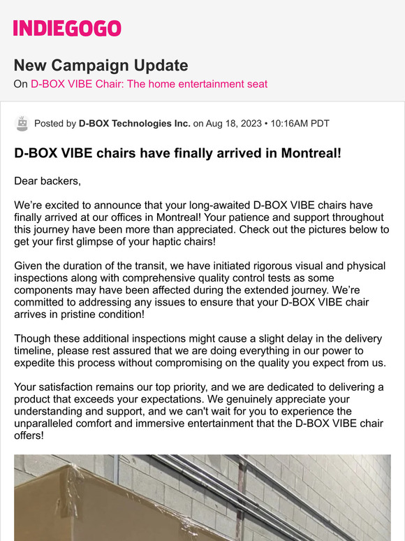 Indiegogo: 📢 Update #21 from D-BOX VIBE Chair: The home entertainment ...