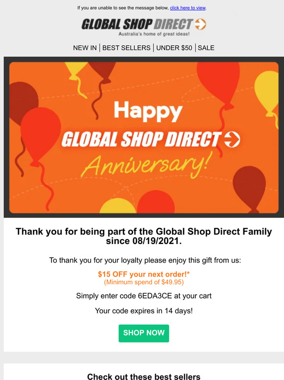 Global Shop: Happy Anniversary! Enjoy $15 Off Your Next Order | Milled