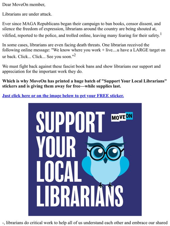 MoveOn: Can we send you a free sticker to support your local librarians ...