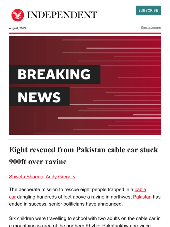 The Independent: Eight rescued from Pakistan cable car stuck 900ft over ...
