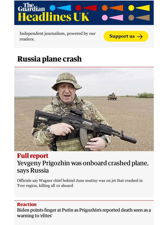 The Guardian: The Guardian Headlines: Yevgeny Prigozhin onboard plane ...