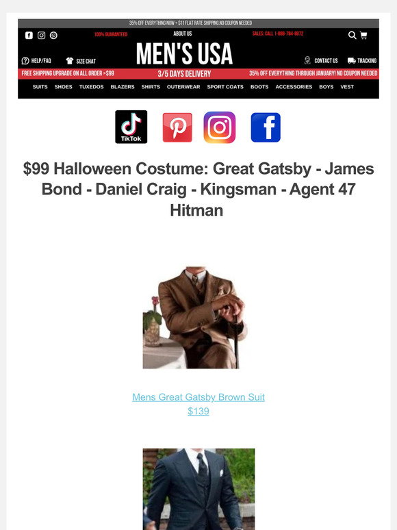 Men's USA: $99 Halloween Costume: Great Gatsby - James Bond - Daniel ...