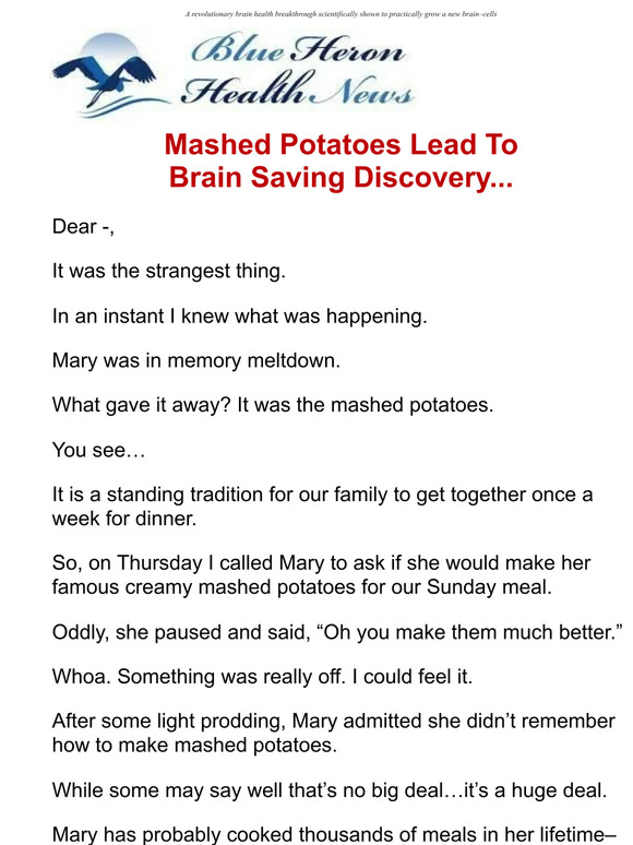 Blue Heron Health News: Mashed Potatoes Lead To Brain Saving Discovery ...
