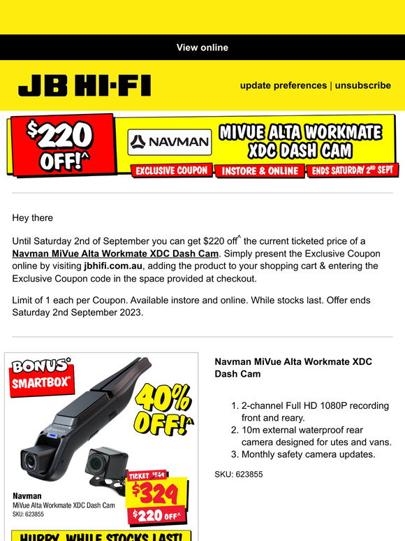 JB Hi-Fi: Exclusive Coupon: 40% off Navman MiVue Alta Workmate XDC Dash ...