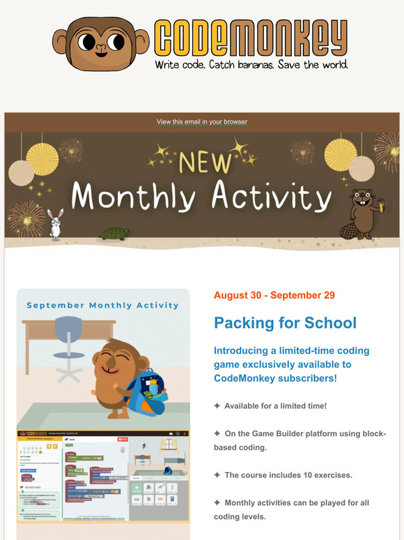 CodeMonkey: Game Creation - Monthly Activity 🎒 'Packing for School ...