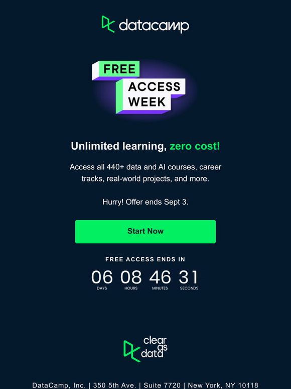 DataCamp: Congrats: Free Unlimited Access through Sept 3! | Milled