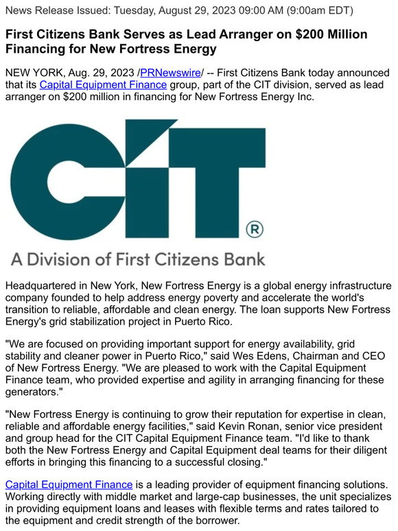 CIT Bank: First Citizens Bank Serves as Lead Arranger on $200 Million ...