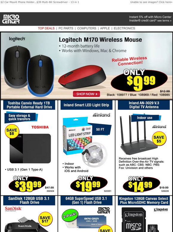 Micro Center: $9 Logitech M170 Wireless Mouse! $12 Inland 4 Port USB 3. ...