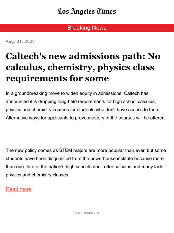 Los Angeles Times: Seeking admissions equity, Caltech drops calculus ...
