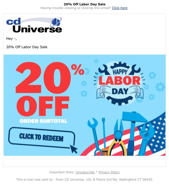 CD Universe: Celebrate Labor Day with 20% off your order subtotal ...