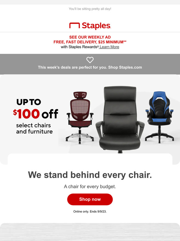 Staples: Save up to $100 off select chairs and furniture. | Milled