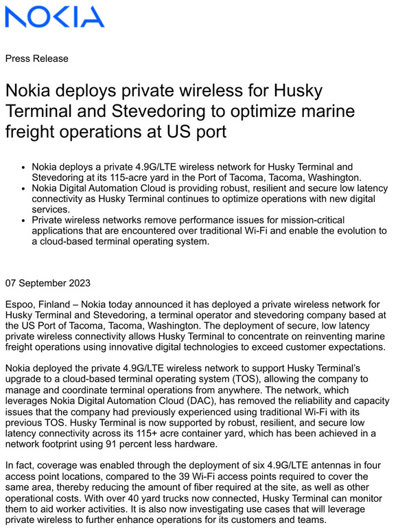 Withings: Nokia deploys private wireless for Husky Terminal and ...