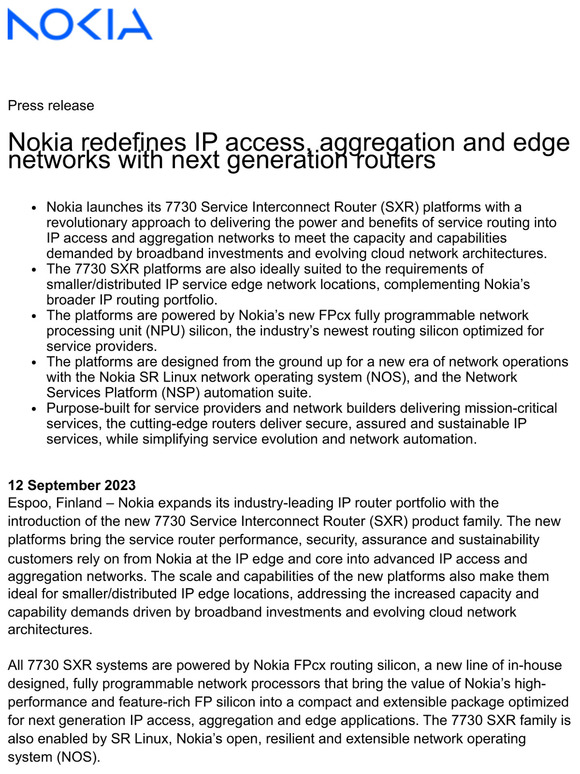 Withings: Nokia redefines IP access, aggregation and edge networks with next generation routers ...