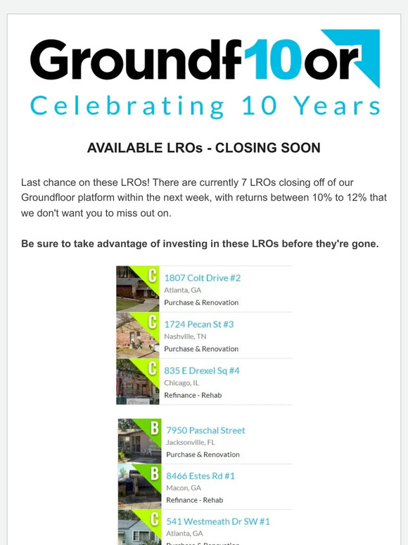 Groundfloor: LROs Closing Soon + New LROs Ready for Preview | Milled