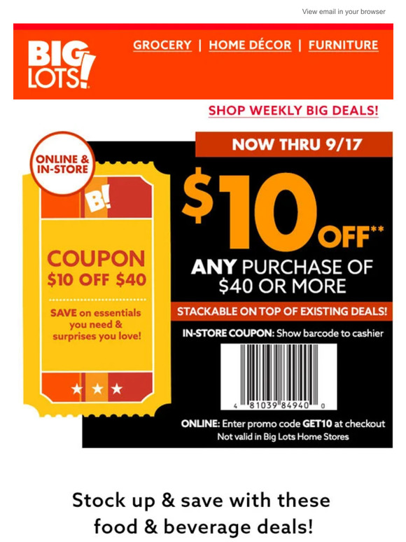 Big Lots: 📣 COUPON: $10 OFF $40+ NOW thru 9/17! | Milled
