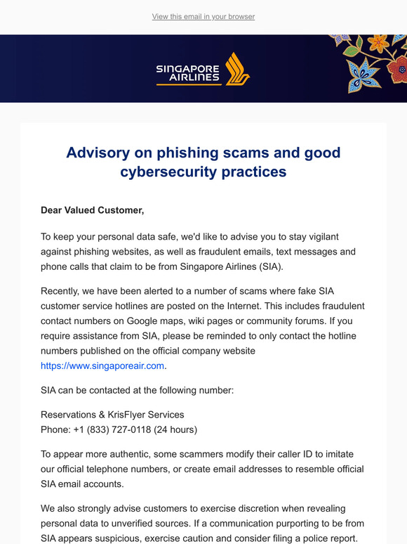 Singapore Airlines: [ADVISORY]: Beware of phishing scams | Milled