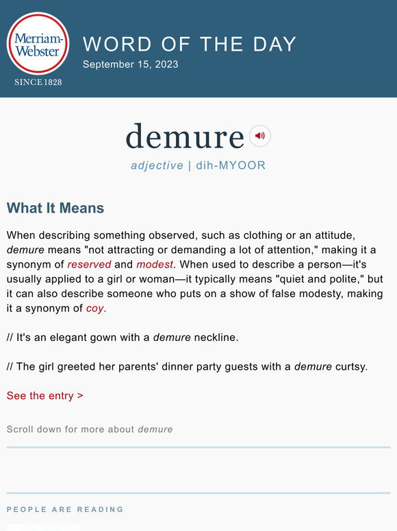 Merriam-Webster: Demure - plus, 'Demur' and 'Demure': Not to be ...