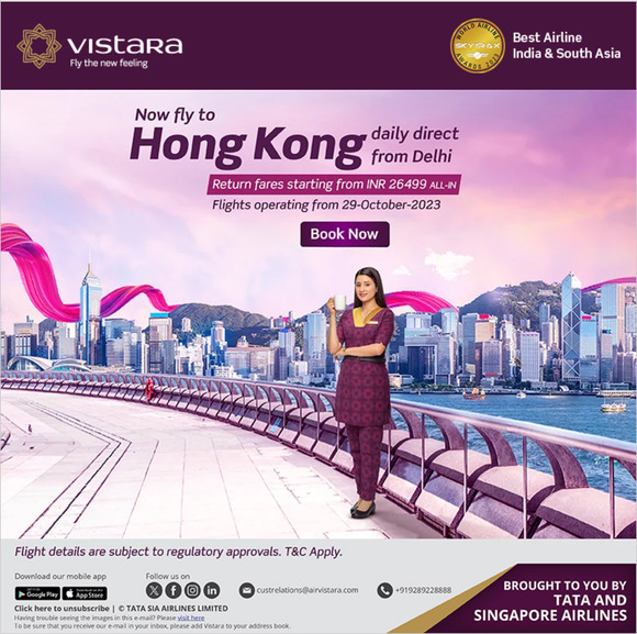 airvistara: Discover Hong Kong! Return fares starting at INR 26499 all ...