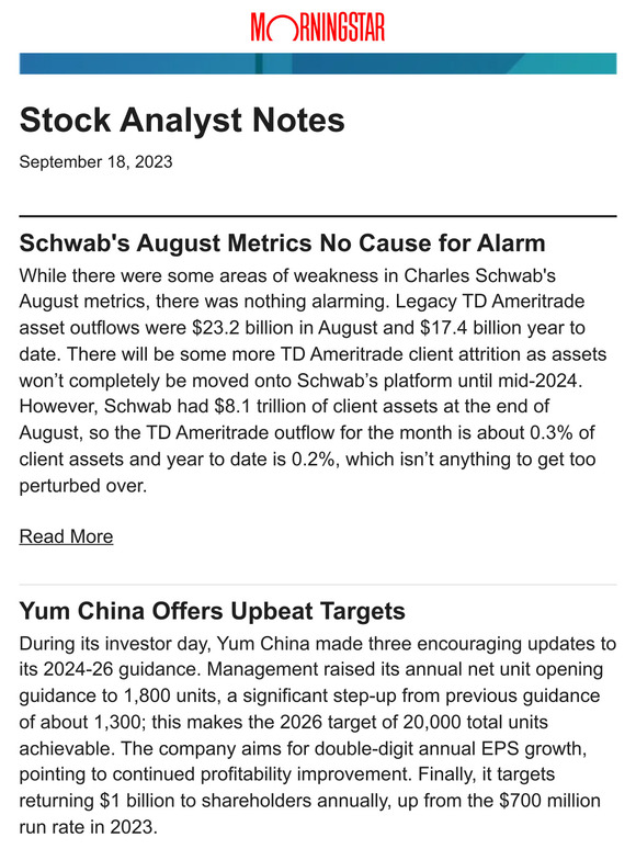 Morningstar: Charles Schwab, Yum China | Milled