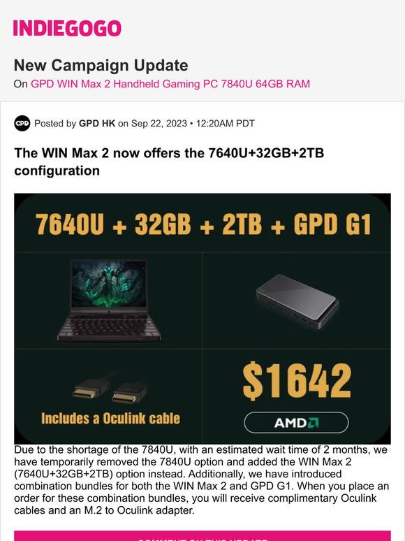 Indiegogo: 📢 Update #75 from GPD WIN Max 2 Handheld Gaming PC 7840U ...
