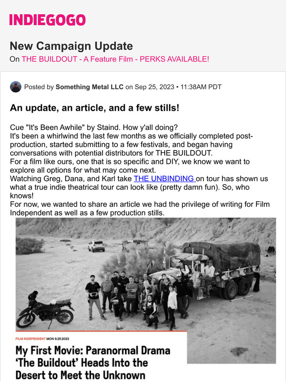 Indiegogo: 📢 Update #19 from THE BUILDOUT - A Feature Film - PERKS ...