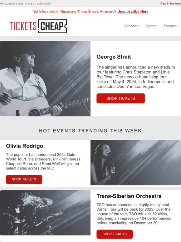 Tickets: George Strait, Adam Sandler, Olivia Rodrigo, Trans-Siberian ...