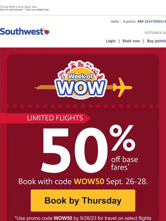 Southwest: 50% 👏 off 👏 base fares. WOWZA! | Milled