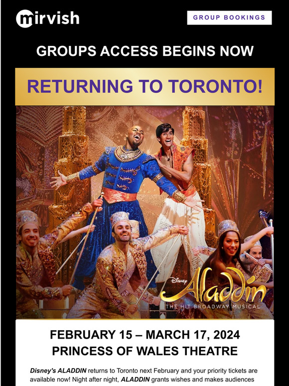 Harry Potter Toronto - UK: Now Booking Groups 10+ to Disney's Aladdin | Milled