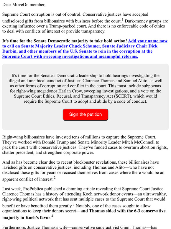 MoveOn: Sign the petition re: Clarence Thomas and Samuel Alito's ...