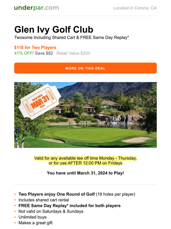 UnderPar: Valid until March 31, 2024: Glen Ivy Golf Club - $118 Twosome ...