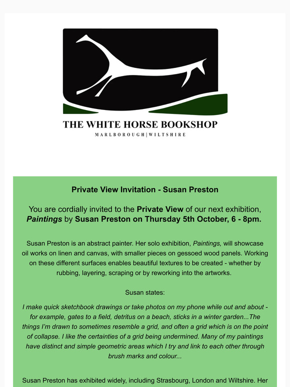 White Horse Books: Private View Invitation - Susan Preston | Milled