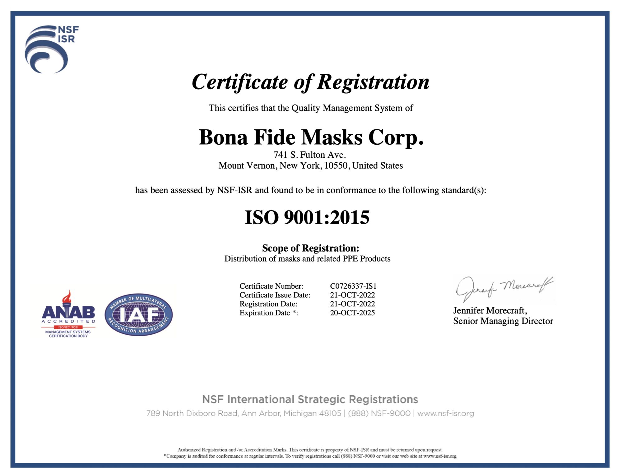 Bona Fide Masks: Bona Fide Masks Maintains ISO 9001 Certification ...