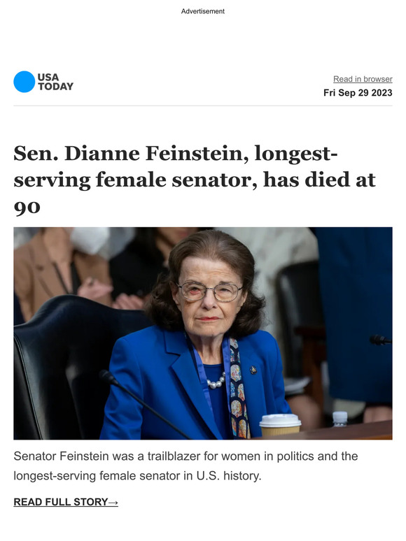USA TODAY: Breaking: Sen. Dianne Feinstein dies at age 90. The ...