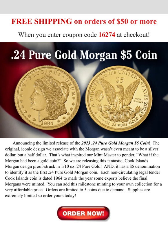 National Collector's Mint: Free Shipping! ★ 2023 .24 Pure Gold Morgan ...