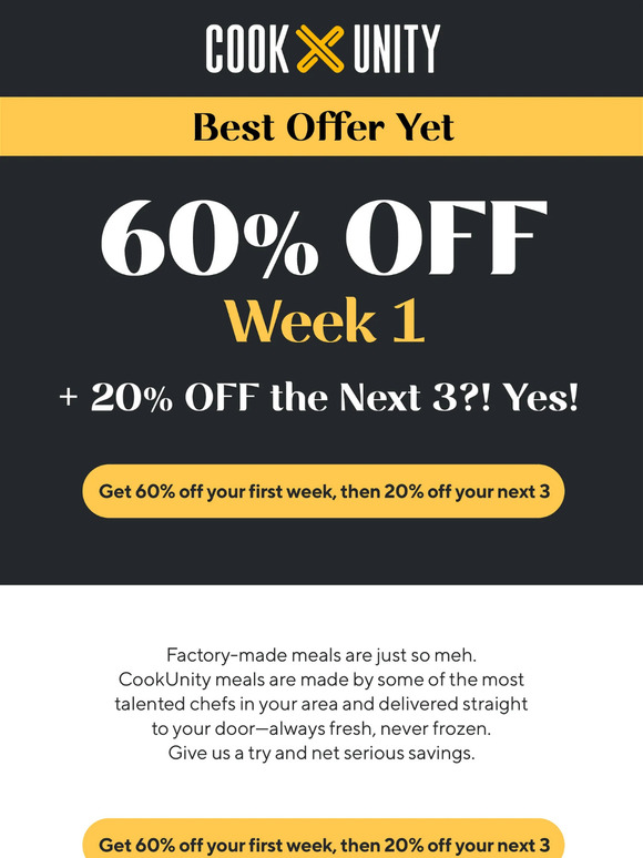 Cook Unity: ⏰ Final hours! Get 60% off + 20% your next 3 weeks | Milled