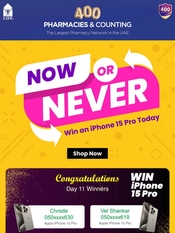 Life Pharmacy: ACT NOW! Pay Less & Win iPhone 15 Pro | Milled