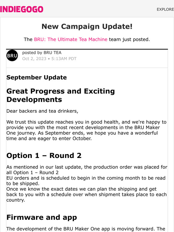 Indiegogo: 📢 Update #45 from BRU: The Ultimate Tea Machine | Milled