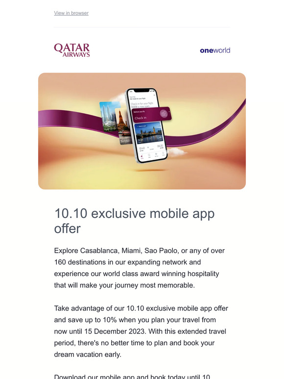 Qatar Airways: 10.10 exclusive mobile app offer | Milled