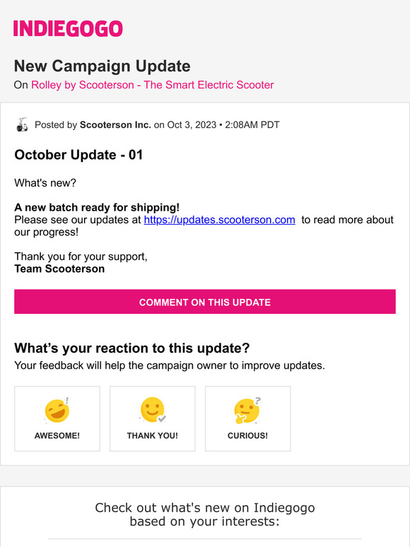 Indiegogo: 📢 Update #51 from Rolley by Scooterson - The Smart Electric Scooter | Milled