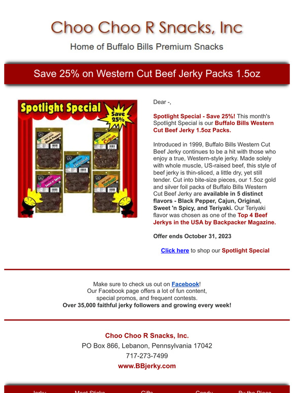 Choo Choo R Snacks, Inc.: New Spotlight Special - Save 25% on Buffalo ...