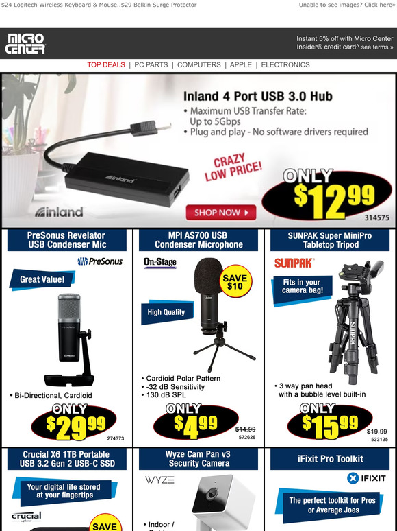 Micro Center: $12 Inland 4 Port USB 3.0 Hub! $14 Inland Digital TV ...