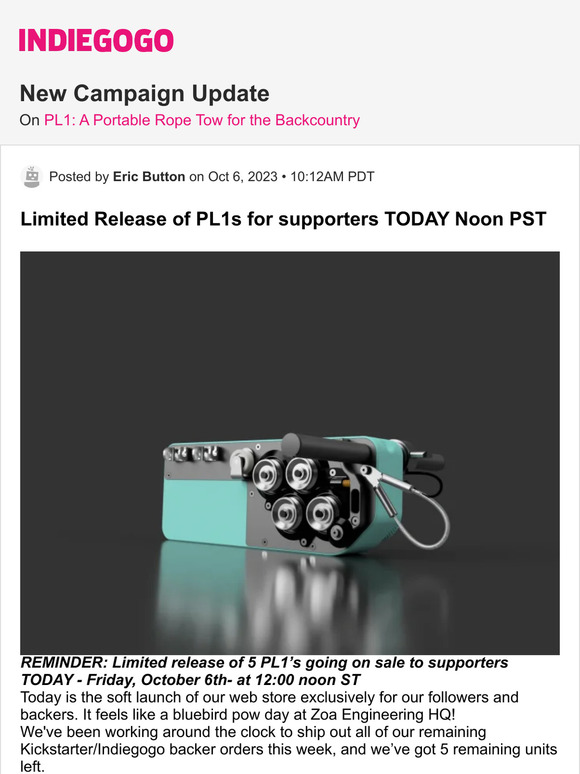 Indiegogo: 📢 Update #16 from PL1: A Portable Rope Tow for the ...