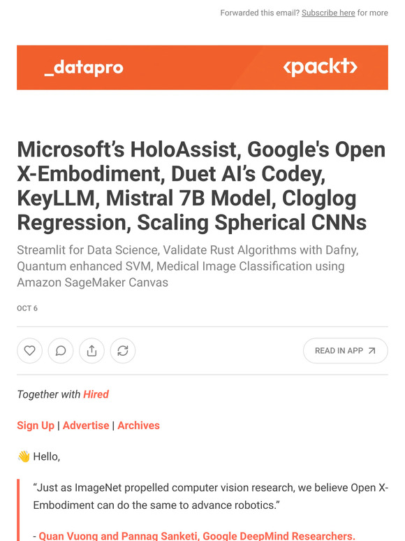 Packt: Microsoft’s HoloAssist, Google's Open X-Embodiment, Duet AI’s Codey, KeyLLM, Mistral 7B ...
