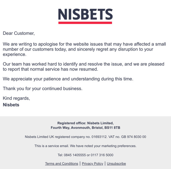 Nisbets: An update regarding our website | Milled