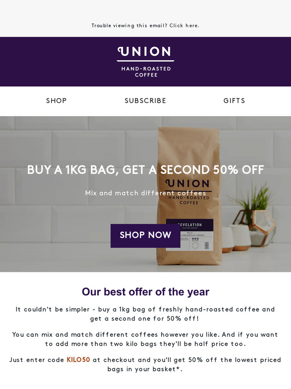 Union Hand-Roasted Coffee: Buy a 1kg bag, get a second 50% off ☕ | Milled