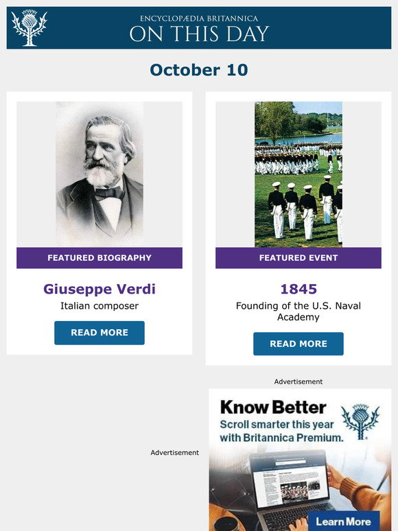Brittanica: Founding of the U.S. Naval Academy , Giuseppe Verdi is ...