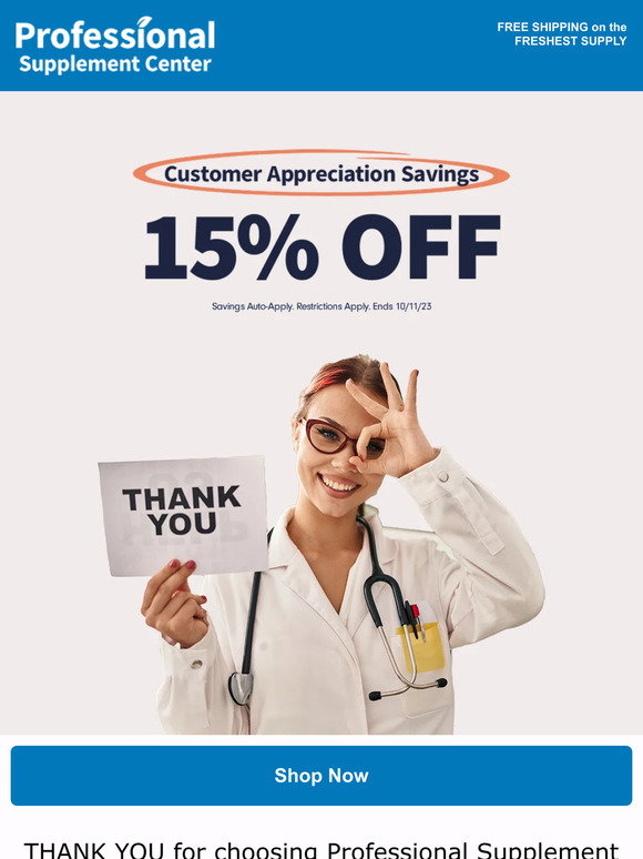 Professional Supplement Center: 15% OFF Customer Appreciation Savings ...