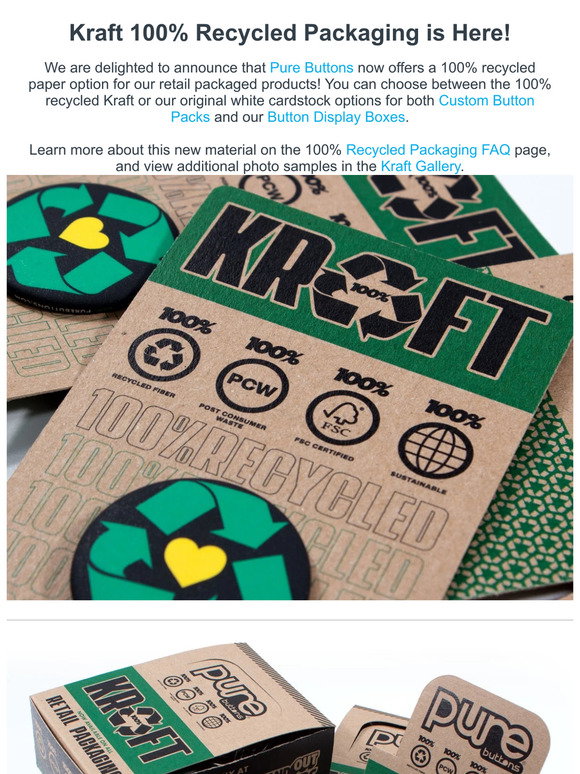 Pure Buttons: ♻️100% Recycled Kraft Packaging - Now Available! | Milled